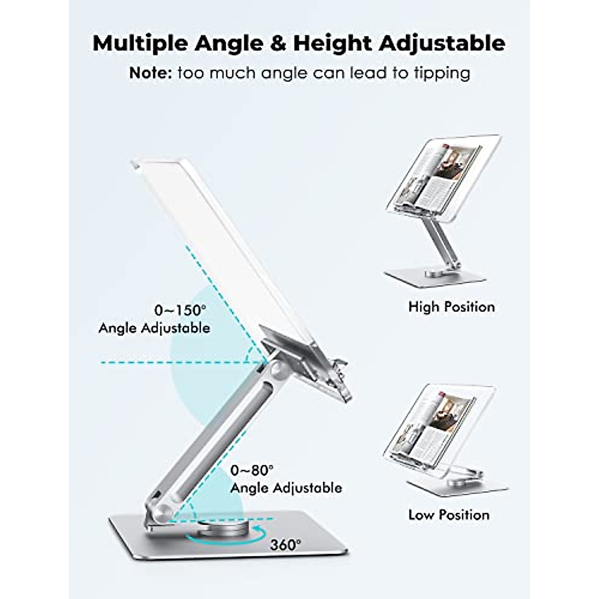 viozon Acrylic Book Stand for Reading,Cookbook Holder, Adjustable Height&Angle, 360° Rotating Base, Aluminum, Foldable & Portable, for Office, Kitchen, School Textbook, Recipe, Magazine,Tablet,Laptop