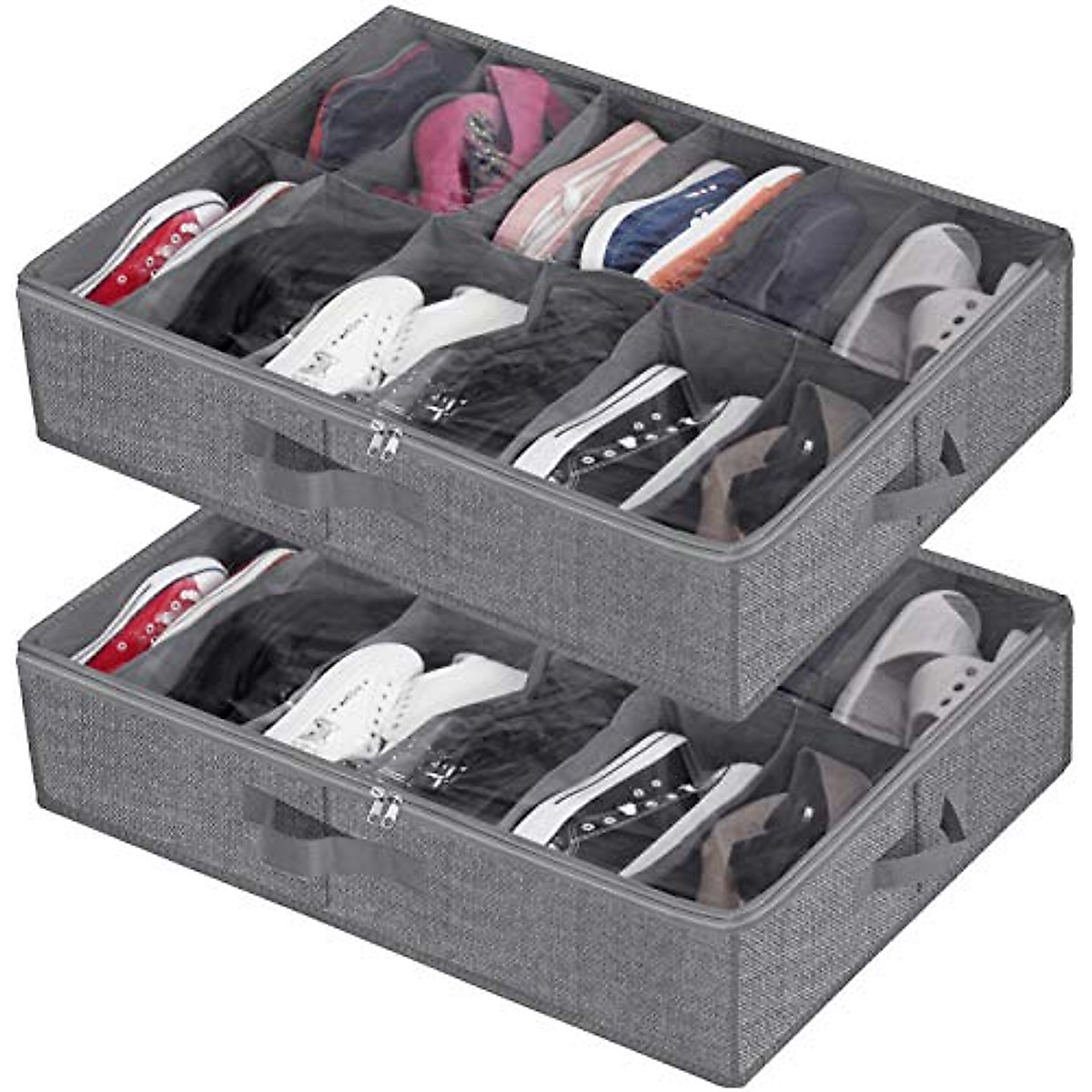 Under Bed Shoe Storage Organizer,Closet Shoes Storage Boxes Bin Container (2 Pack Fits 24 Pairs) with Clear Cover and Reinforced Handle for Sneakers,Clothes, Toys, Gray with Printing