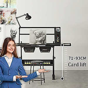 VejiA Drafting Table Art/Adjustable Glass Drawing Table with 2 Drawers, Art Desk Art Table with Storage, Student Desk Study Desk for Drawing, Painting, Writing and St