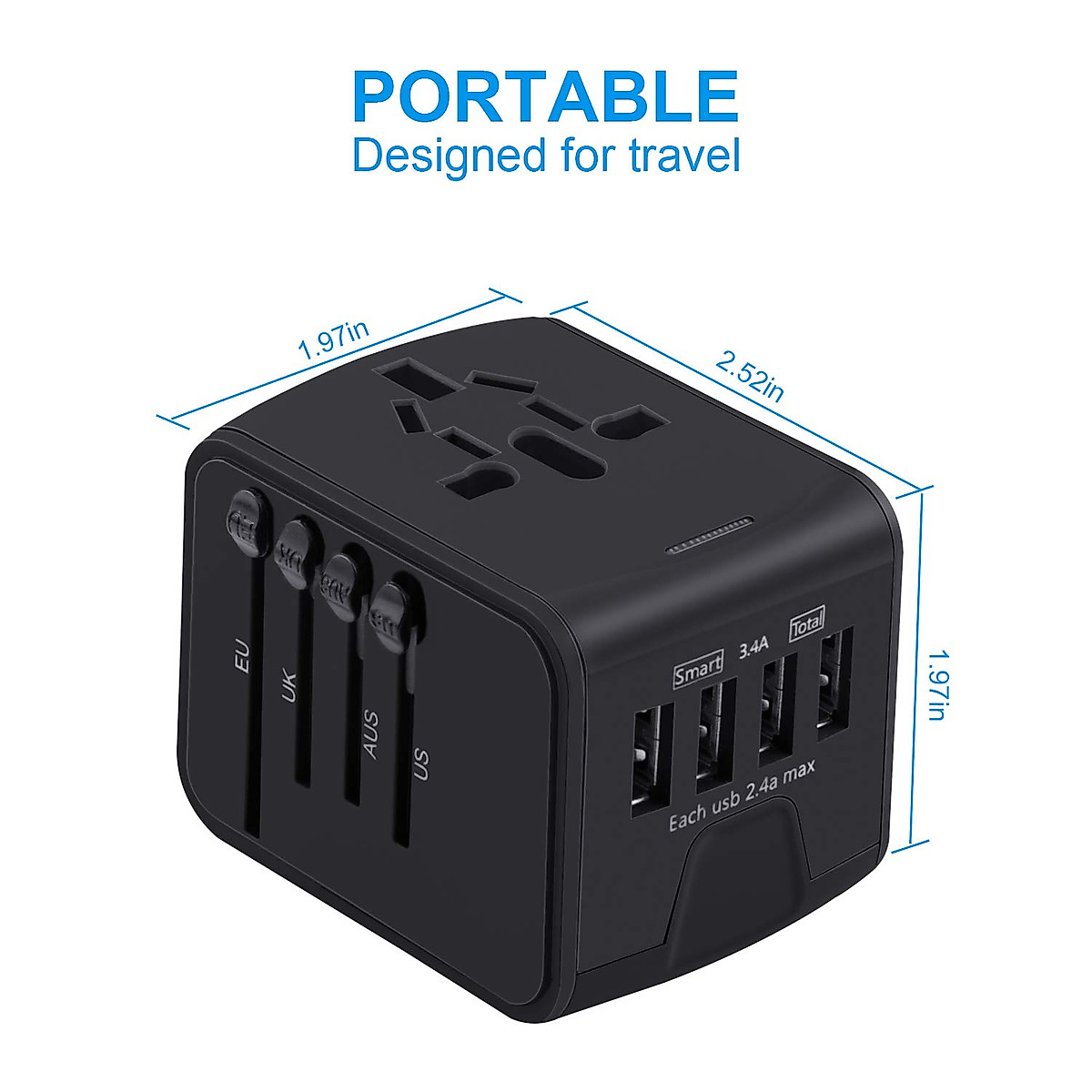 International Travel Adapter Universal Power Adapter Worldwide All in One 4 USB with Electrical Plug Perfect for European US, EU, UK, AU 160 Countries (Black)
