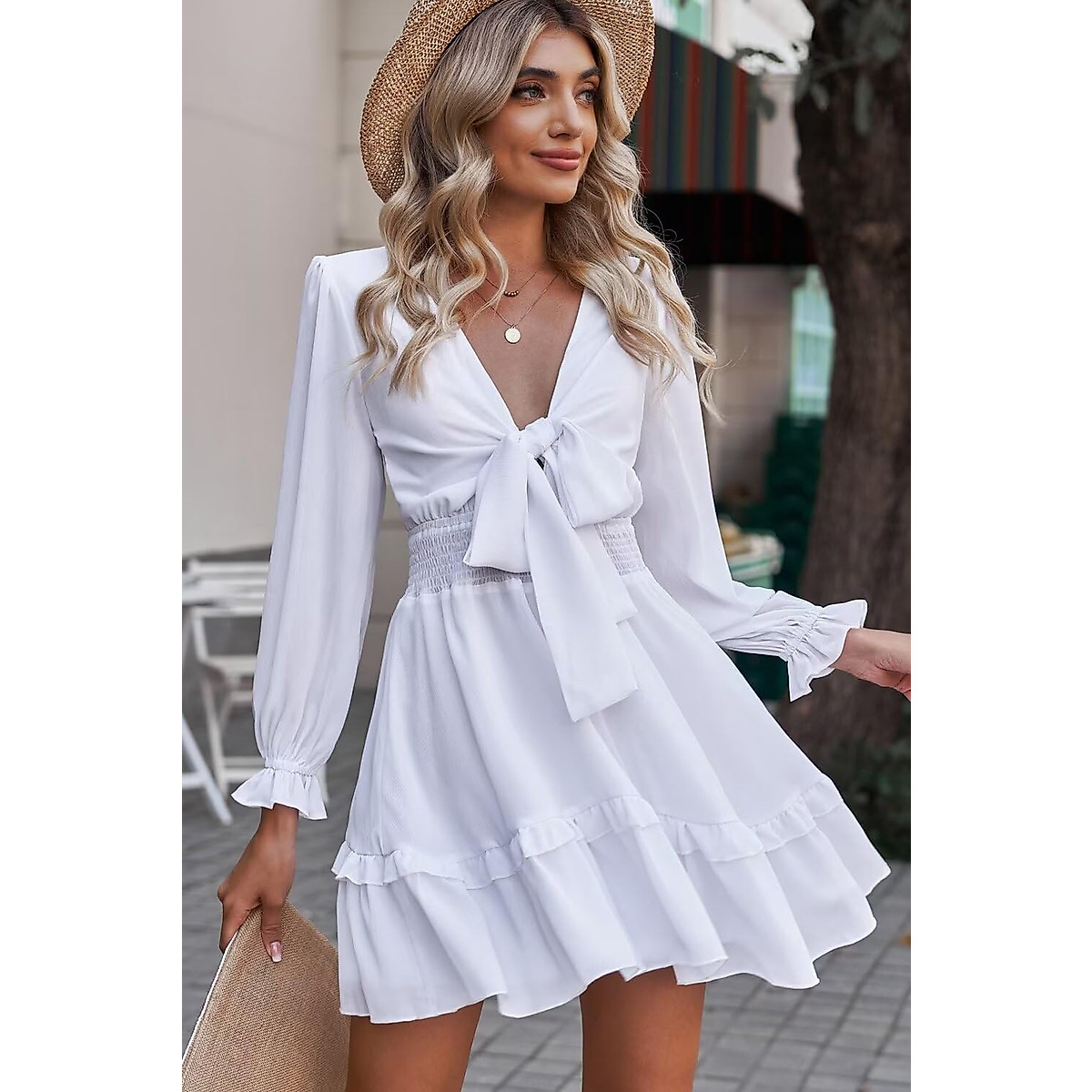 Dokotoo Womens Ladies Summer Ruffle Elegant Long Sleeve Empire Waist Tie Knot Cute Chiffon Boho Beach Bohemian Tunic Swing A Line Mini Short Skater Dresses 2025 Party Dresses for Women Apricot M