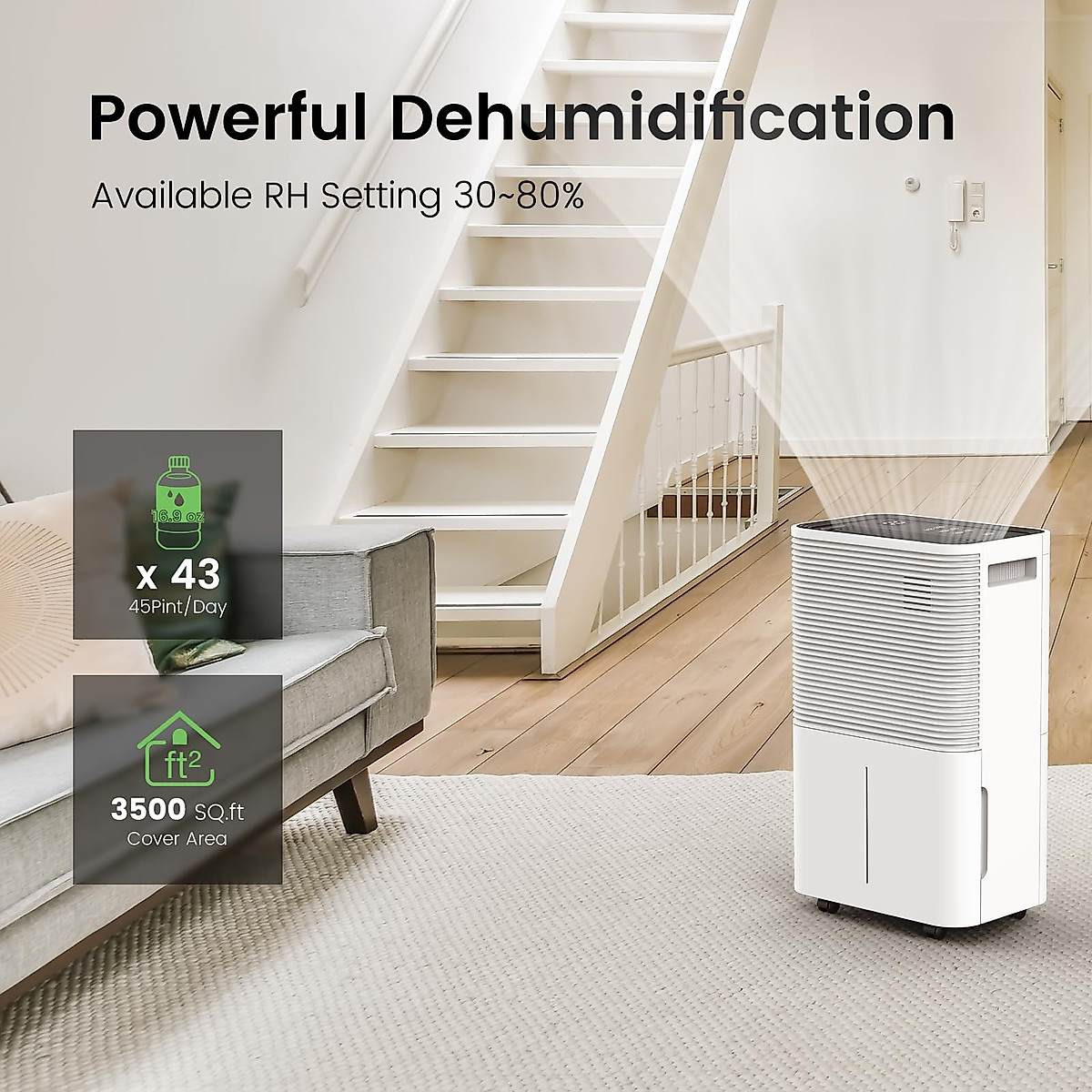 FREE VILLAGE Dehumidifier, 45 Pint (50 Pint Under 90°F/90% RH) Dehumidifiers for Home Up to 3500 Sq. Ft, Auto Drainage, Digital Control Panel, 24 Hr Timer, Dehumidifier for Basement, Bathroom, Bedroom
