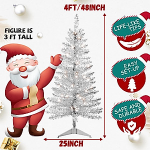 Liguanow 4ft Artificial Christmas Tree with Lights, Indoor & Outdoor Christmas Tree with 50 Warm White Lights, Xmas Pine Tree for Home Office Party Decor, Silver Tinsel