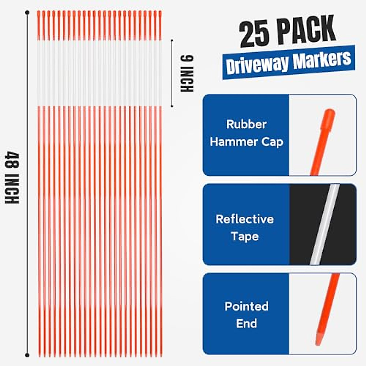 BTSD-home 25 Pack Driveway Markers Fiberglass 48 Inch Snow Stakes with Reflective Tape