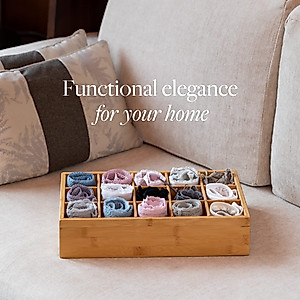 GOBAM Bamboo Closet Drawer Divider - Storage Organizer with 15 Compartments, Drawer Organizer, Storage Box for Belts, Ties, Bras, Briefs, Socks & Jewelry - Natural