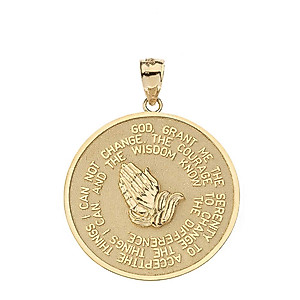 10K Yellow Gold Round Serenity Prayer and Lord's Prayer with Praying Hands Medal Style Medallion Charm Pendant - Size Large