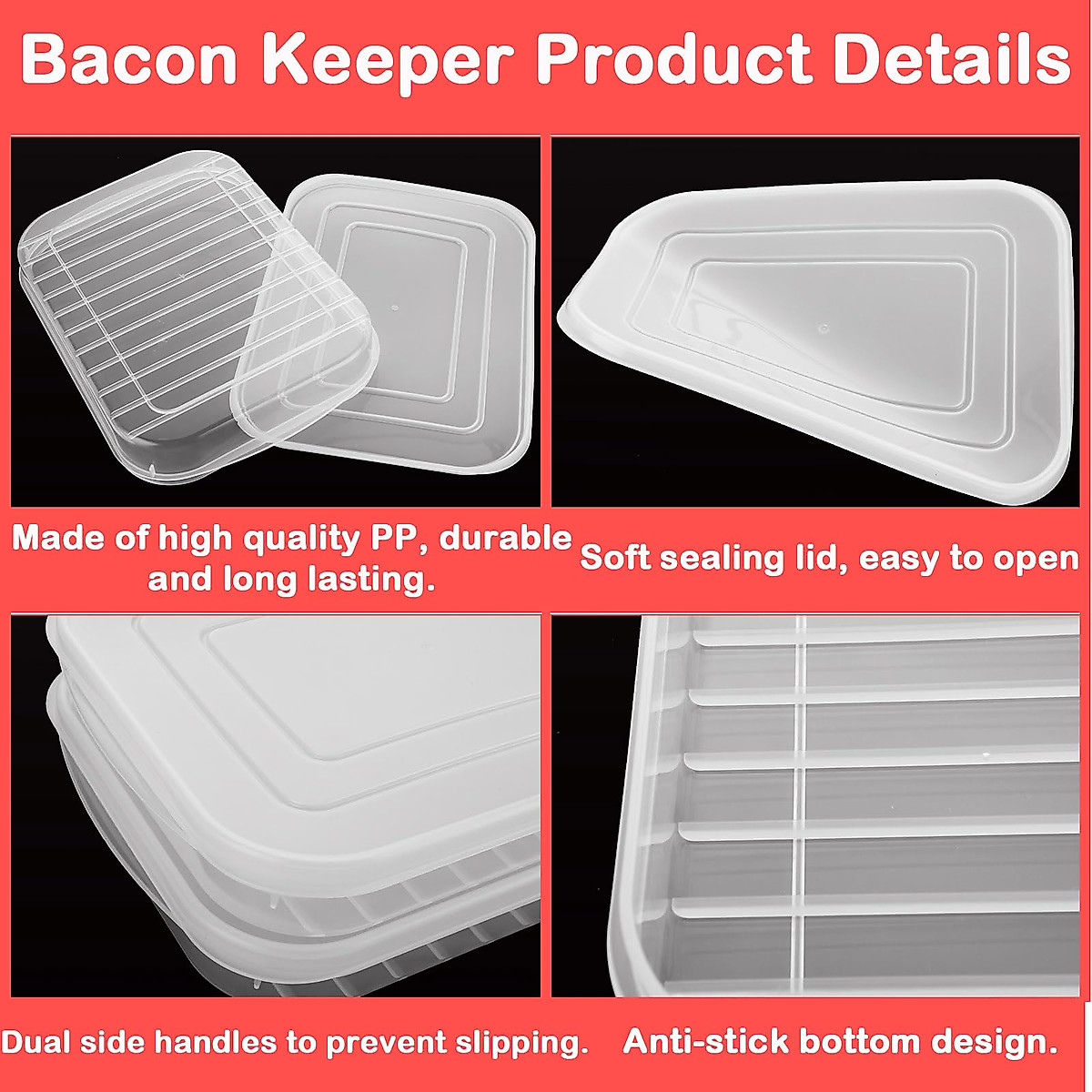 WOPPLXY 6 Pack Bacon Keeper, Plastic Deli Meat Container with Lids, Airtight Cold Cuts Storage Containers for Fridge Storage Box Food Shallow Low Profile Bacon Holder with 3 Pcs Buffet Serving Tongs