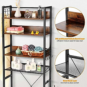 Devo Over The Toilet Storage, 4-Tier Bathroom Organizer, Wooden Bathroom Storage Shelf, with 8 Hooks and Toilet Paper Hook for Laundry, Balcony, Porch, Kitchen (Rustic Brown 2)