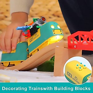 Robobloq Coding Train Set, 22 Functions Lights & Music, 3 Modes, Compatible to Major Wooden Train Tracks and Building Blocks, Great Gifts of STEM Toys for Children Aged 3-7