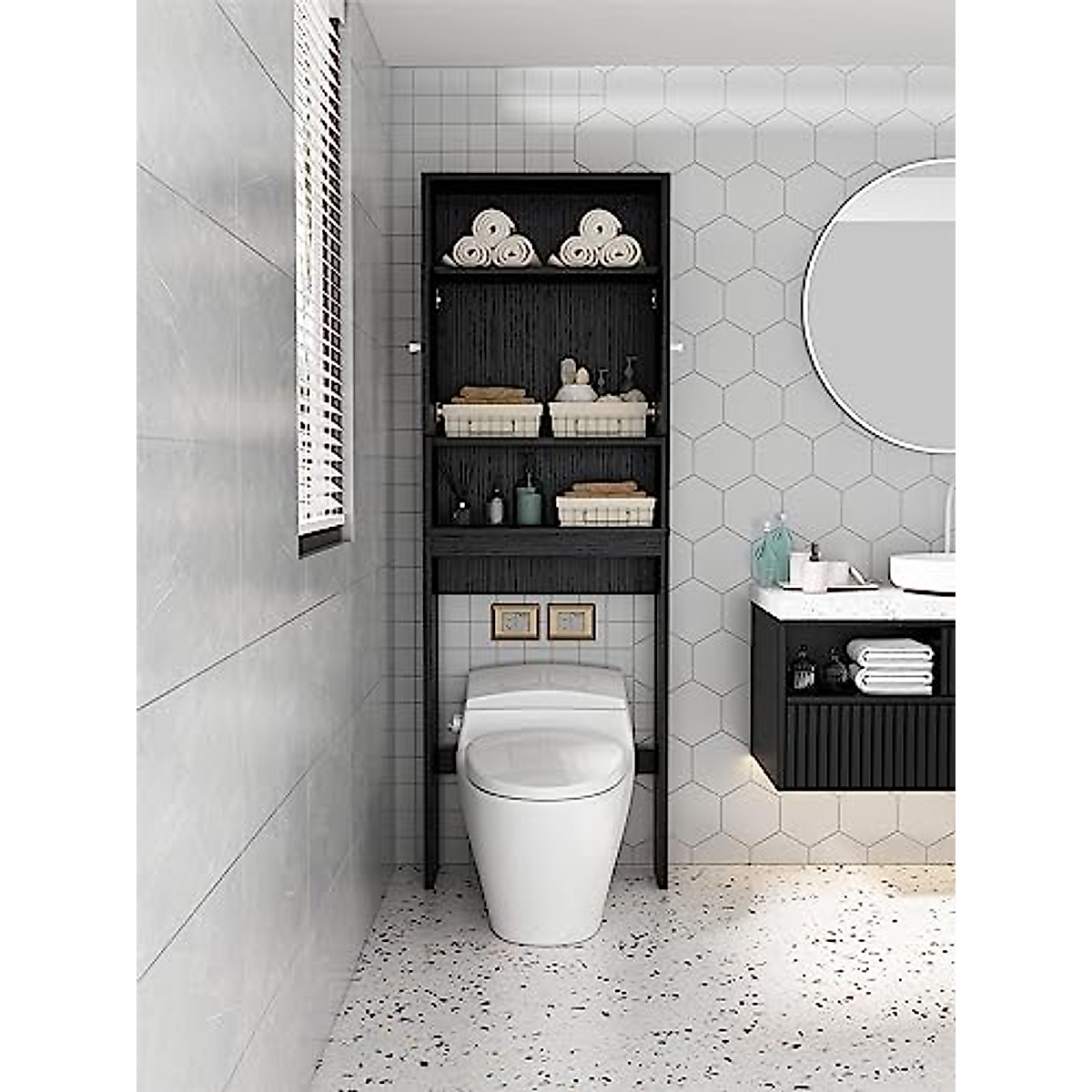 Majnesvon Toilet Bathroom Storage Cabinet Double Doors Bathroom Organizer Toilet Cabinet Freestanding Above Toilet Rack with Open Shelves and Adjustable Bottom Bar 76.8 in Black