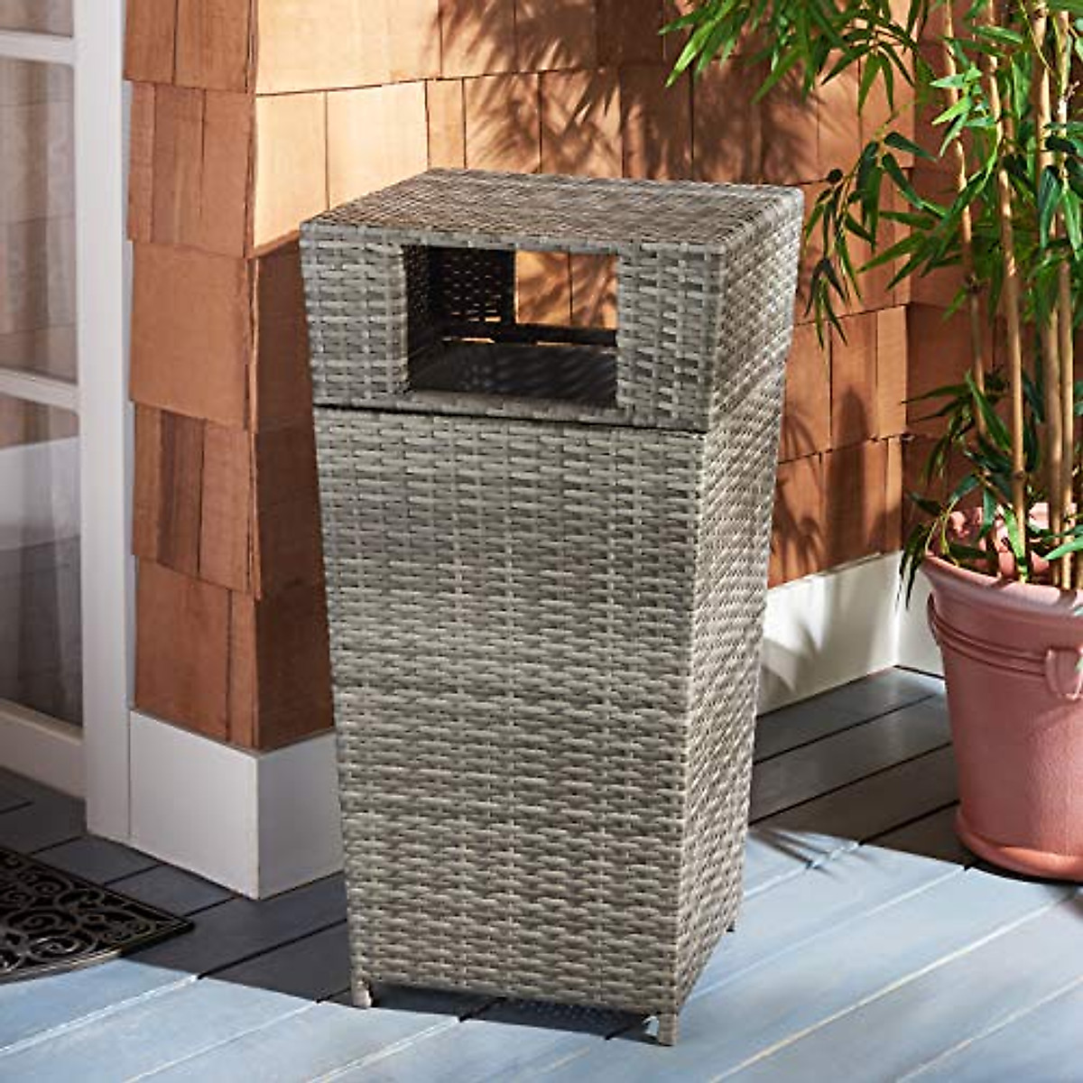 Safavieh Outdoor Collection Mazeli Grey Wicker Trash Bin
