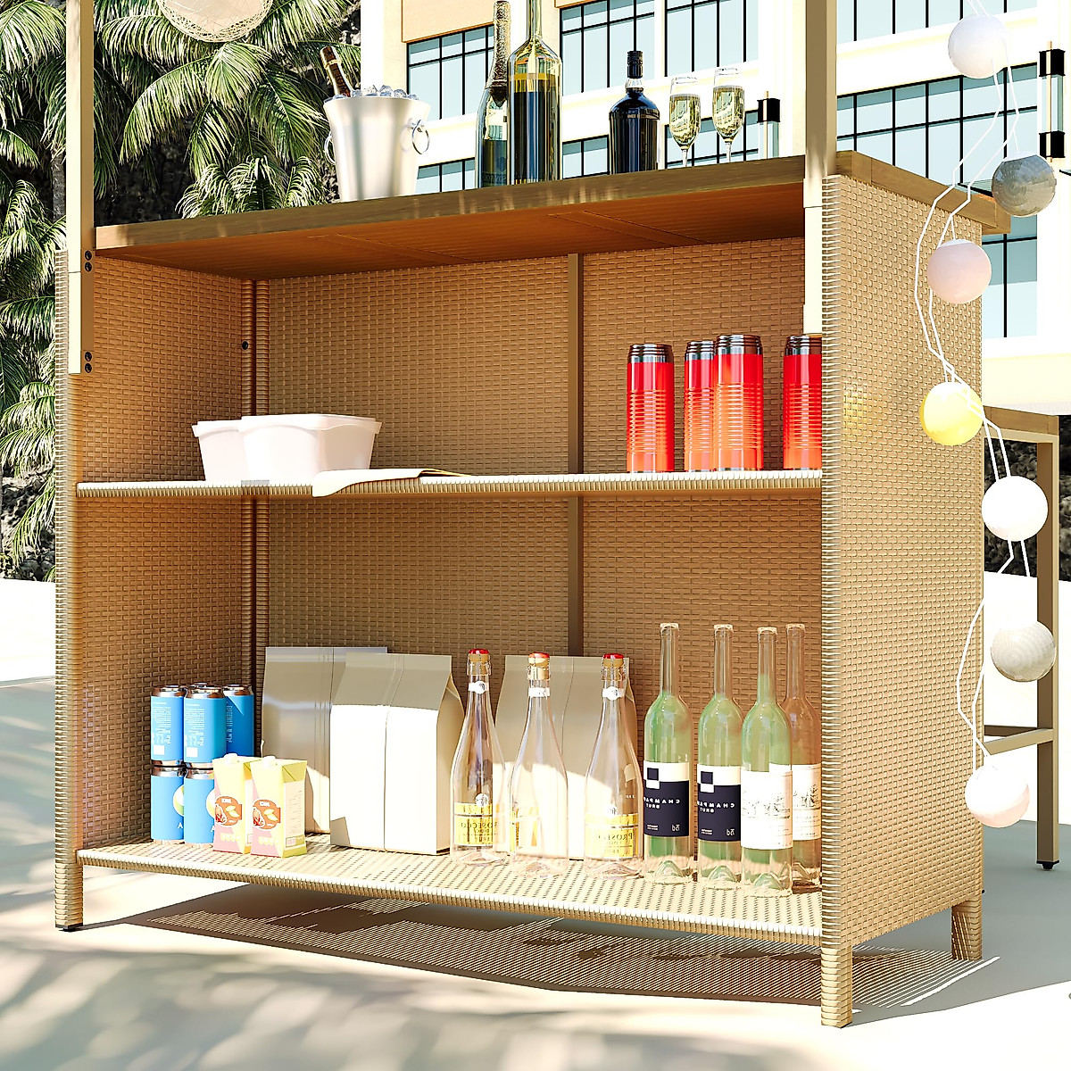 Brabrety Bar Height Outdoor Patio Set with PE Grass Canopy and Acacia Wood Top,Bar Table and Stools with Adjustable Feet,for Dining and Drinking (Natural@Grass Canopy)