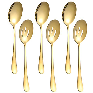 6 Pieces Serving Spoons Set, 8.7 Inch Serving Spoon, Includes 3 Serving Spoons and 3 Slotted Spoons, Stainless Steel Buffet Banquet Spoons, Large Spoons Utensils Cutlery Set for Kitchen, Gold
