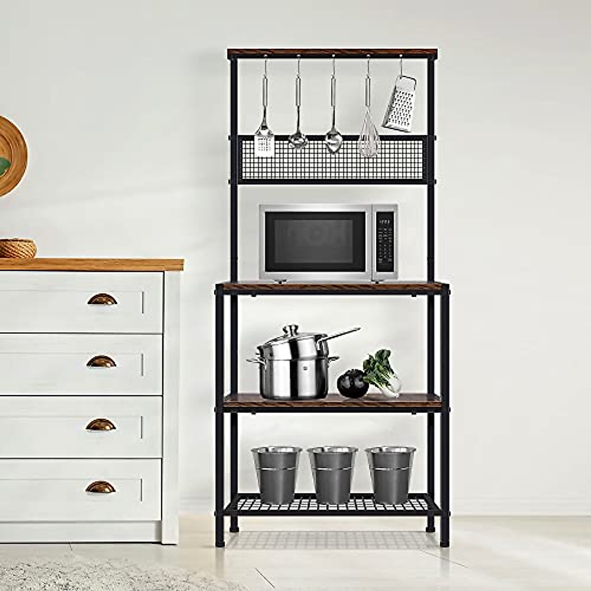 AZL1 Life Concept Industrial Kitchen Rack Cupboard with 10 Hooks, Mesh Panel, 3 Shelves, and Adjustable Feet, for Microwave Oven Cooking Utensils, 33.1 inches, Rustic Brown