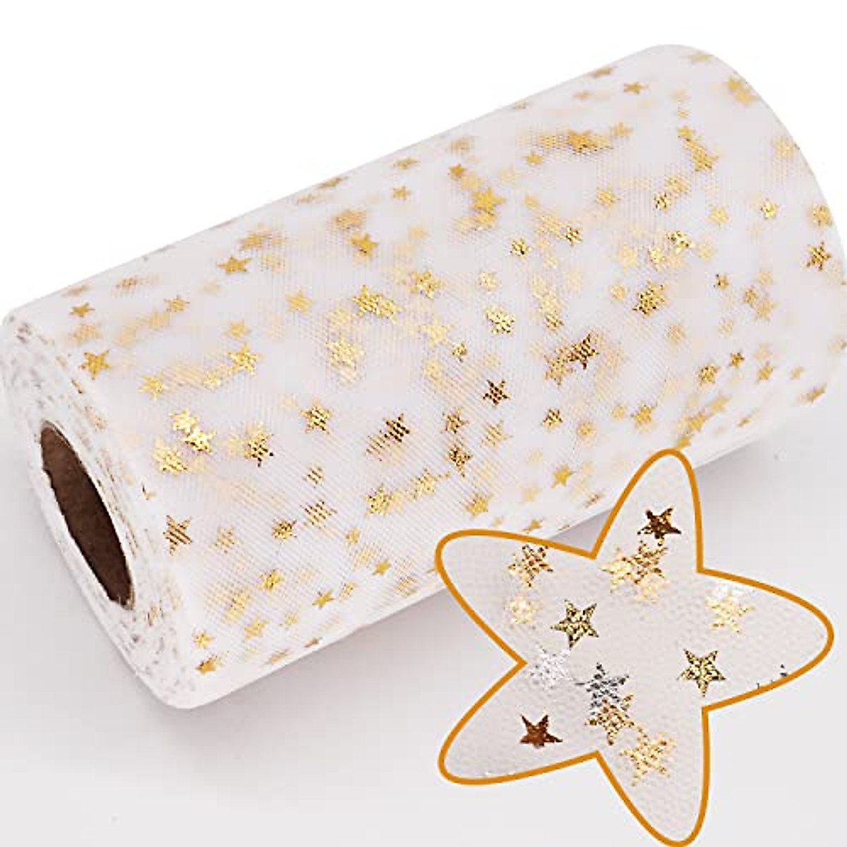 Glitter Tulle Fabric Rolls, Gold Foil Star Tulle Spool 6 Inch 50 Yards (150ft) Sparkle Sequin Netting Ribbon for Tutu Skirt Baby Shower Birthday Party DIY Bow Crafts (White Tulle, Gold Stars)