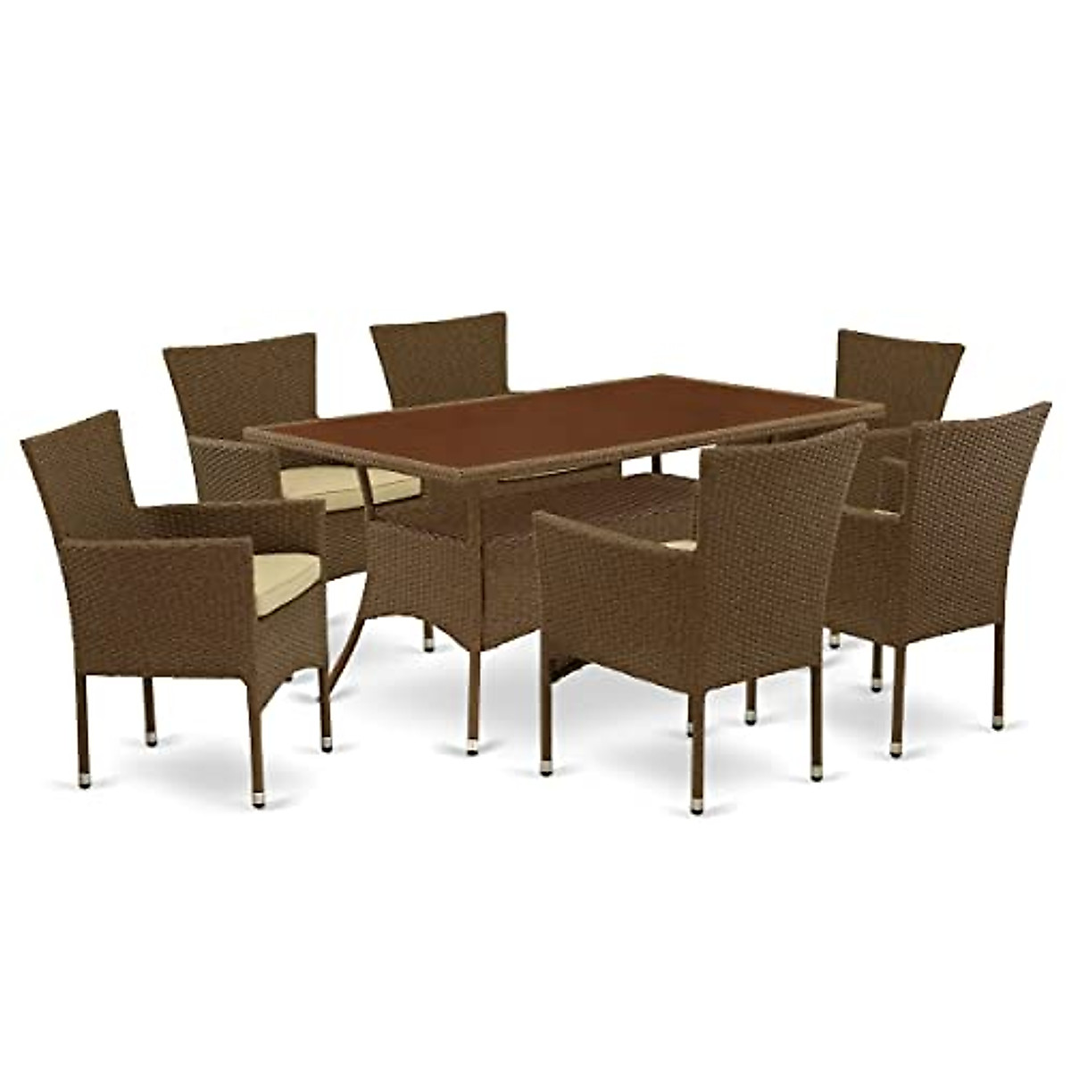 East West Furniture Oslo 7 Piece Outdoor Wicker Patio Furniture Sets Consist of a Rectangle Bistro Table with Glass Top and 6 Balcony Armchair with Cushion, 36x60 Inch, Brown