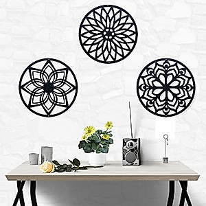DUOOLN 11" Metal Sacred Geometry Wall Art 3 PCS Set, Round Abstract Lotus Flower Wall Decor Artwork, Suitable for Home Indoor and Outdoor and Yoga Studio Decoration(Black)