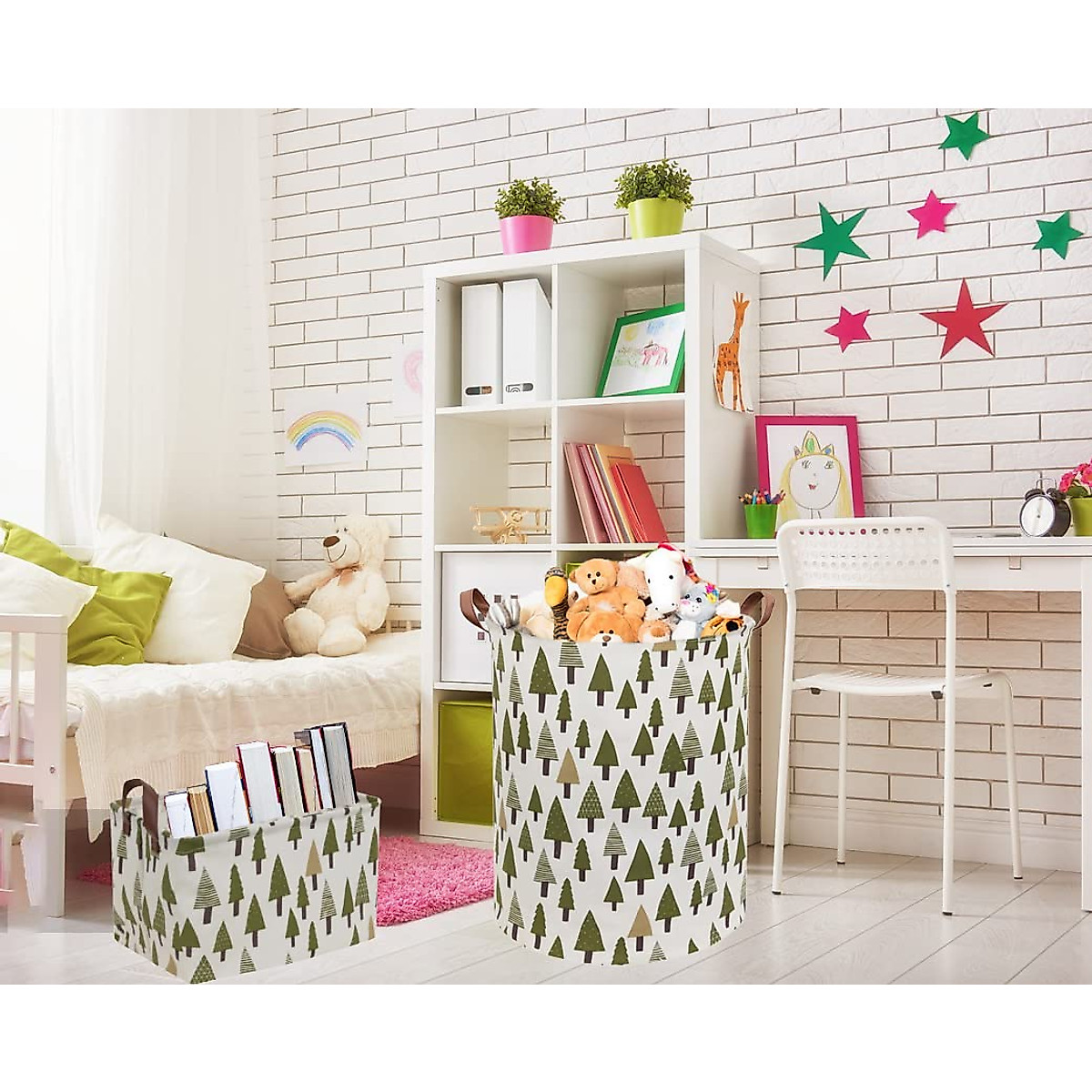 Sanjiaofen Rectangular Canvas Storage Bins,Waterproof Storage Basket with Lid,Collapsible Toy Organizer Bin with Handles for Clothes Storage, Kid's Toy Box,Book Bag (Green trees)