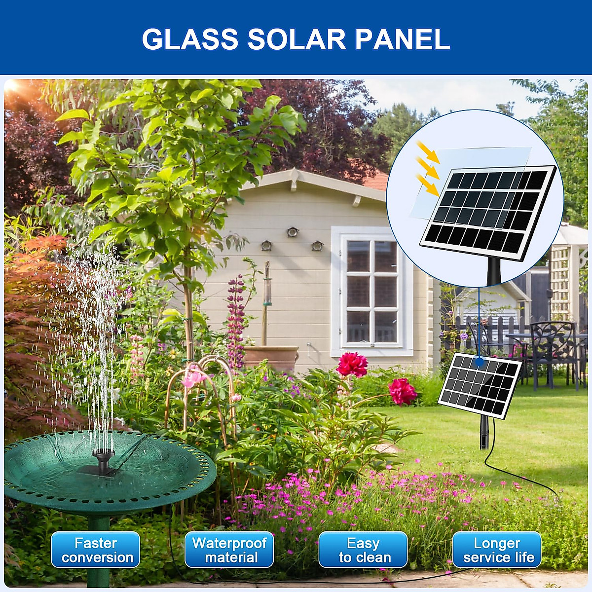 SZMP Solar Fountain Kit for Bird Bath, 9.84 Power Cord Glass Panel Solar Bird Bath Fountains No Battery 9 Nozzles, Solar Water Fountain for Outdoor Patio Garden Décor