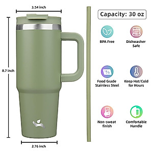 Konokyo 30 oz Tumbler with Handle and 2 Straws,2 in 1 Lid Insulated Water Bottle Stainless Steel Travel Coffee Mug,Army Green