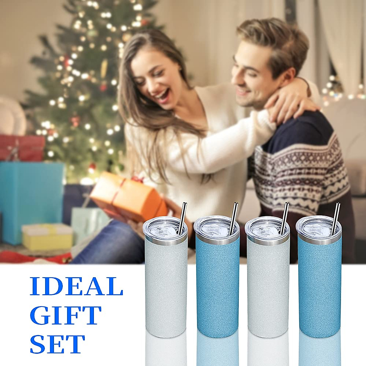 AGH 20 oz Sublimation Tumblers Glitter Tumbler Set, 4 pack Insulated Skinny Tumblers Bulk with Lid and Metal Straw, Stainless Steel Double Wall Coffee Mug for Iced Hot Drinks, Beverages