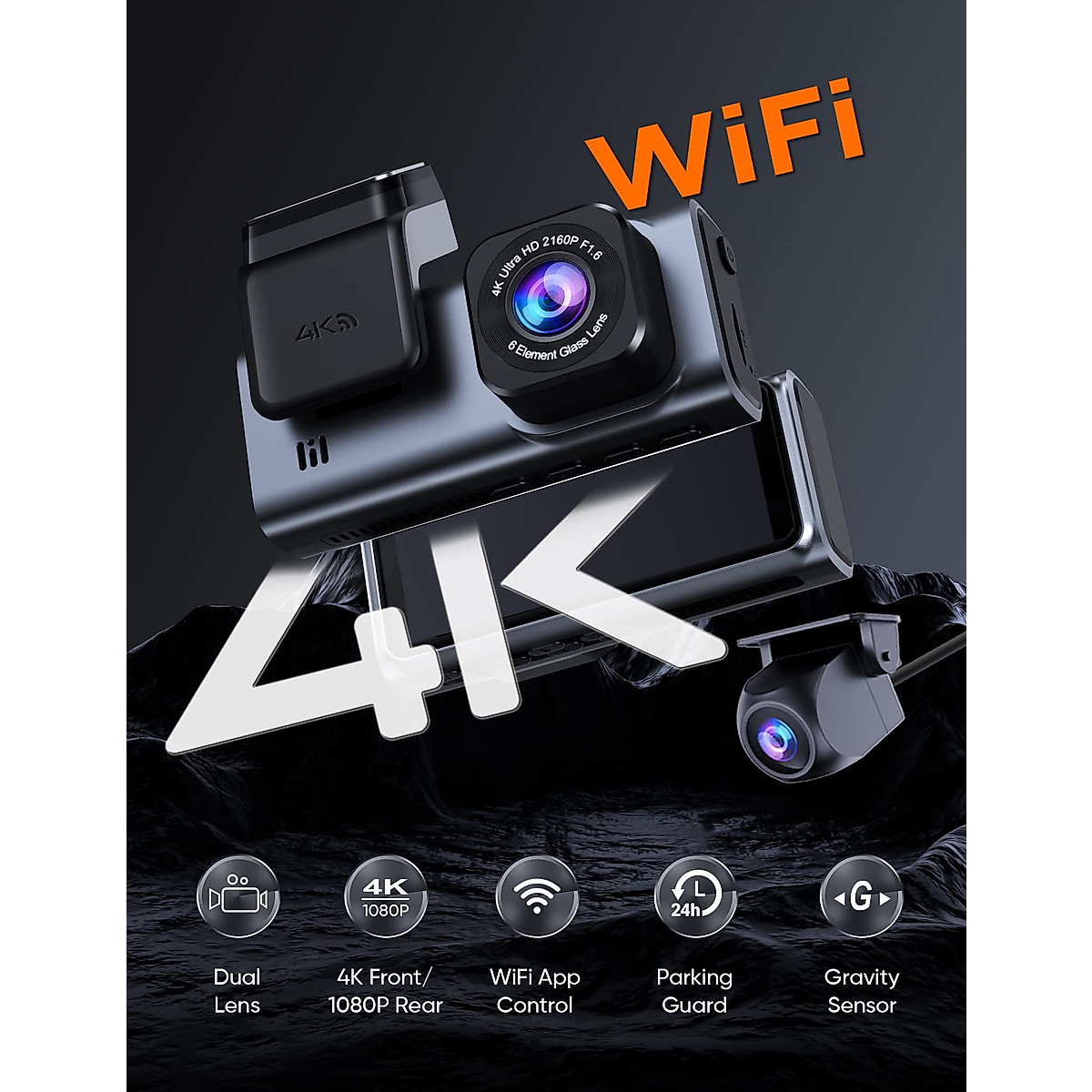 Dash Cam Front and Rear 4K+1080P WiFi Dash Camera for Cars with App, 24 Hours Parking Mode, G-Sensor, Loop Recording, Support 256GB Max