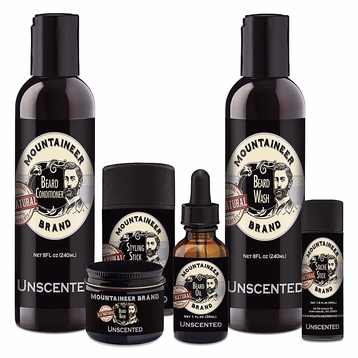 Mountaineer Brand BIG Beard Bundle | Beard Wash, Conditioner, Balm, Oil, Stache Stick, Styling Stick for Men | Cleans, Hydrates Wiry Beards | Leaves Hair Soft and Manageable | Timber Scent