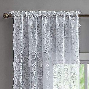 Warm Home Designs Pair of 2 White Color Extra Short Length 54” (W) x 108” (L) Semi Sheer Lace Curtain Panels & Attached Valances with 6 Tassels. Classic Elegant English Rose Pattern. L White 108”