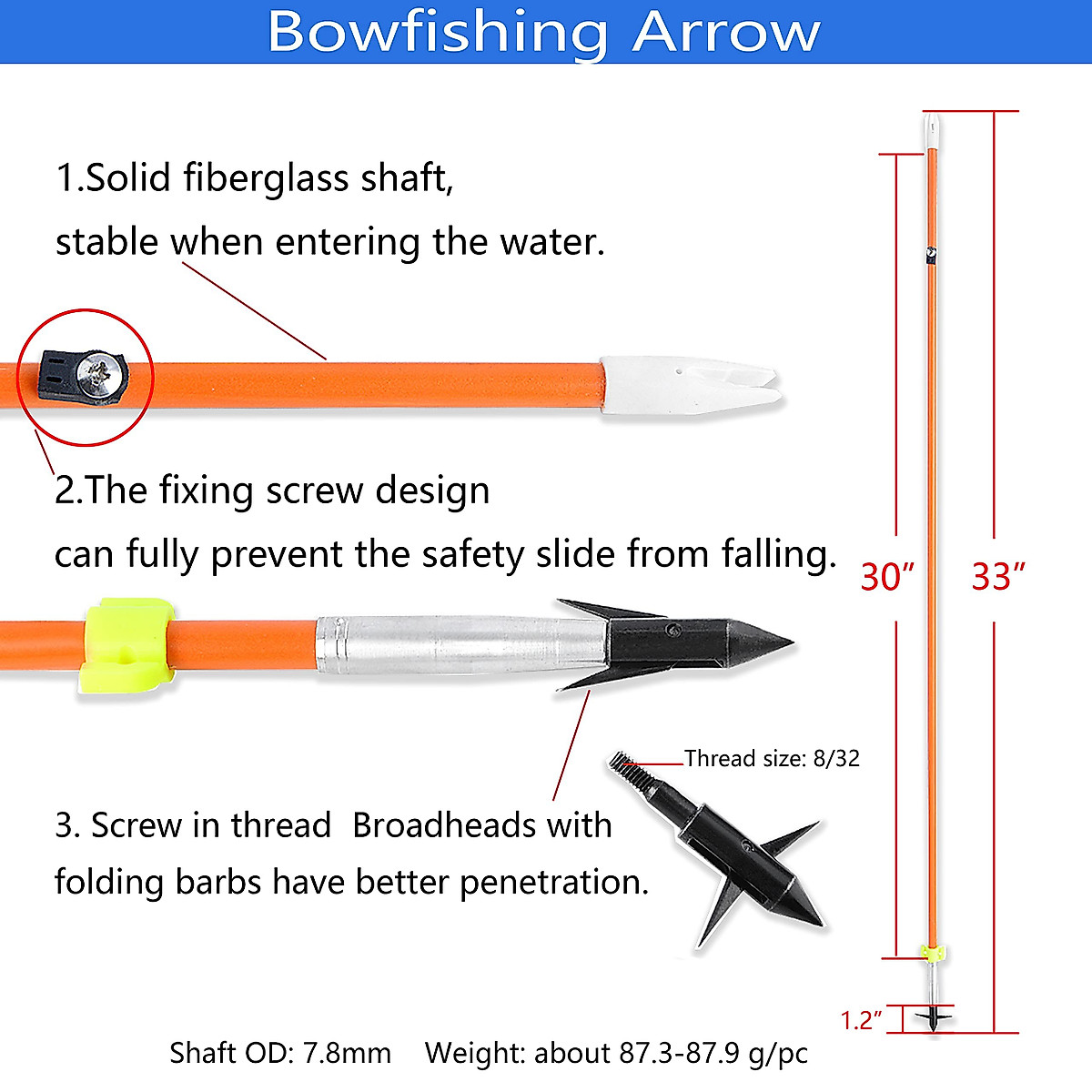 AMEYXGS Bowfishing Arrow Hunting Solid Fiberglas Shaft with Broadheads Tip and Safty Slides for Compound Recurve Bow (Type 1, 6)