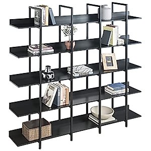AWQM Triple Wide 5-Tier Bookshelf, Vintage Bookcases and Bookshelves with Metal Frame & Back Fence,Wall Mounted Wood Shelves Open Display Shelves for Living Room Bedroom Home Office,Black