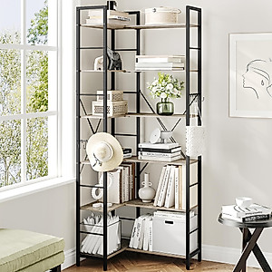 Hzuaneri Corner Bookshelf Bookcase, L-Shaped Industrial Bookshelves, Modern Tall Bookcases, Freestanding Display Shelf Storage Rack for Bedroom, Living Room, Home Office, 6-Tier Greige BC29605B