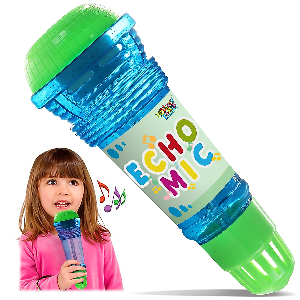 Novelty Place Echo Mic for Kids and Toddlers - Battery-Free Magic Microphone Voice Amplifying Retro Toy for Singing, Speech & Communication Therapy - 10" (Blue & Green)