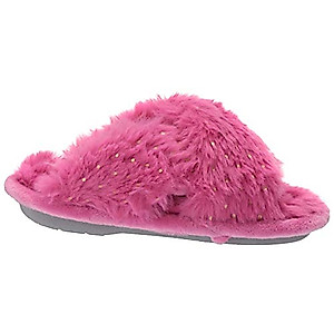 Dearfoams unisex child Jess Furry Cross Band Slide Slipper, Pink Polish, 11-12 Toddler US