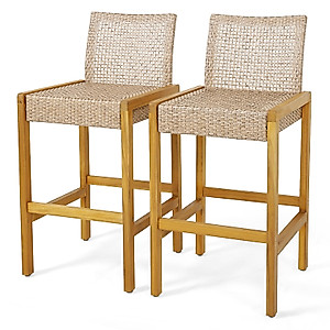 Tangkula Patio Wood Barstools Set of 2, PE Rattan Bar Height Chairs with Backrest, Stable Metal Frame, 400 lbs Max Load, Light Brown PE Wicker Bar Chairs for Porch, Backyard, Balcony (2)