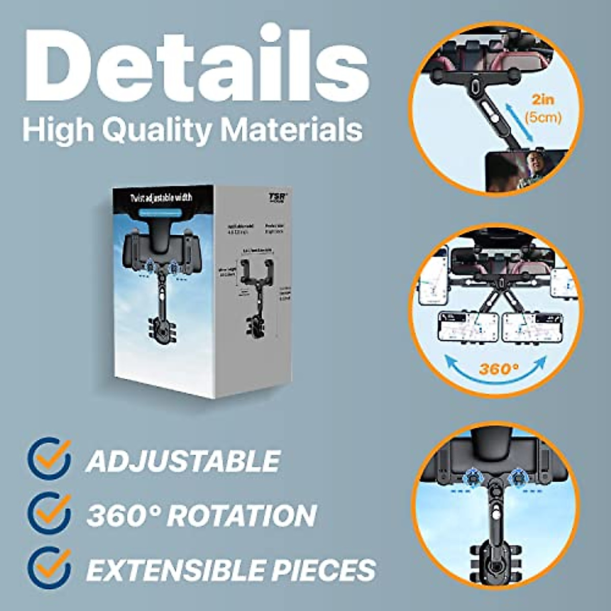 TSR HOME Rearview Mirror Phone Holder for Car, 360° Rotating Rear View Mirror Phone Mount, Multifunctional PhoneUniversal Car Phone Holder for All Smartphones