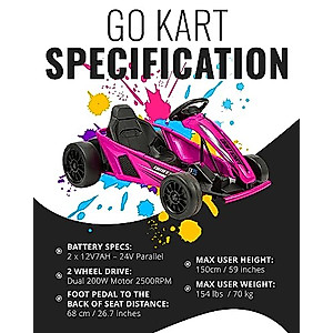 Hyper 24V Ride-On Electric Go Kart for Kids 8-14 Years, 3-Speed Setting with Drift Kart Mode, Foot Accelerated Pedal, Up to 9MPH Speed, 154 Lbs Max Weight, Ergonomic Seat & Sturdy Steel Frame, Pink