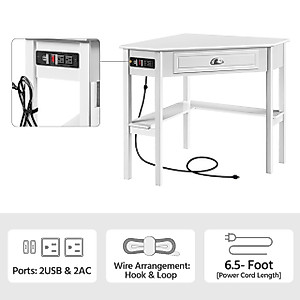 Yaheetech L Shaped Corner Computer Desk with Power Outlets, Reversible Triangle Workstation with USB Ports and Hook for Small Space, Modern Home Office Desk Gaming Table with Drawer & Shelf, White