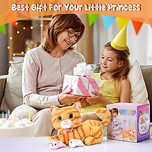 Electronic Cat Stuffed Animals Toys for Ages 3 4 5 6 7 8+ Years Old Kids - Mommy Cat with 2 Baby Kitty in Her Tummy, Idea Xmas Birthday Gifts for Baby, Toddler, Girls, Boys (Yellow)