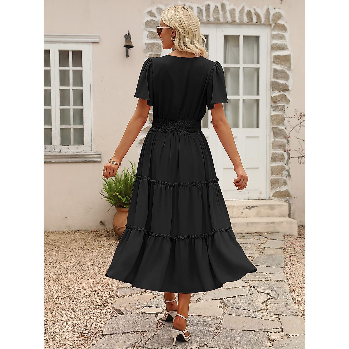LILLUSORY Womens Cute Pleated Cotton Fancy Midi Dresses 2023 Summer Little Black Ladies Elegant Linen Curvy Short Ruffle Sleeves Flowy Tiered Long Maxi Dress
