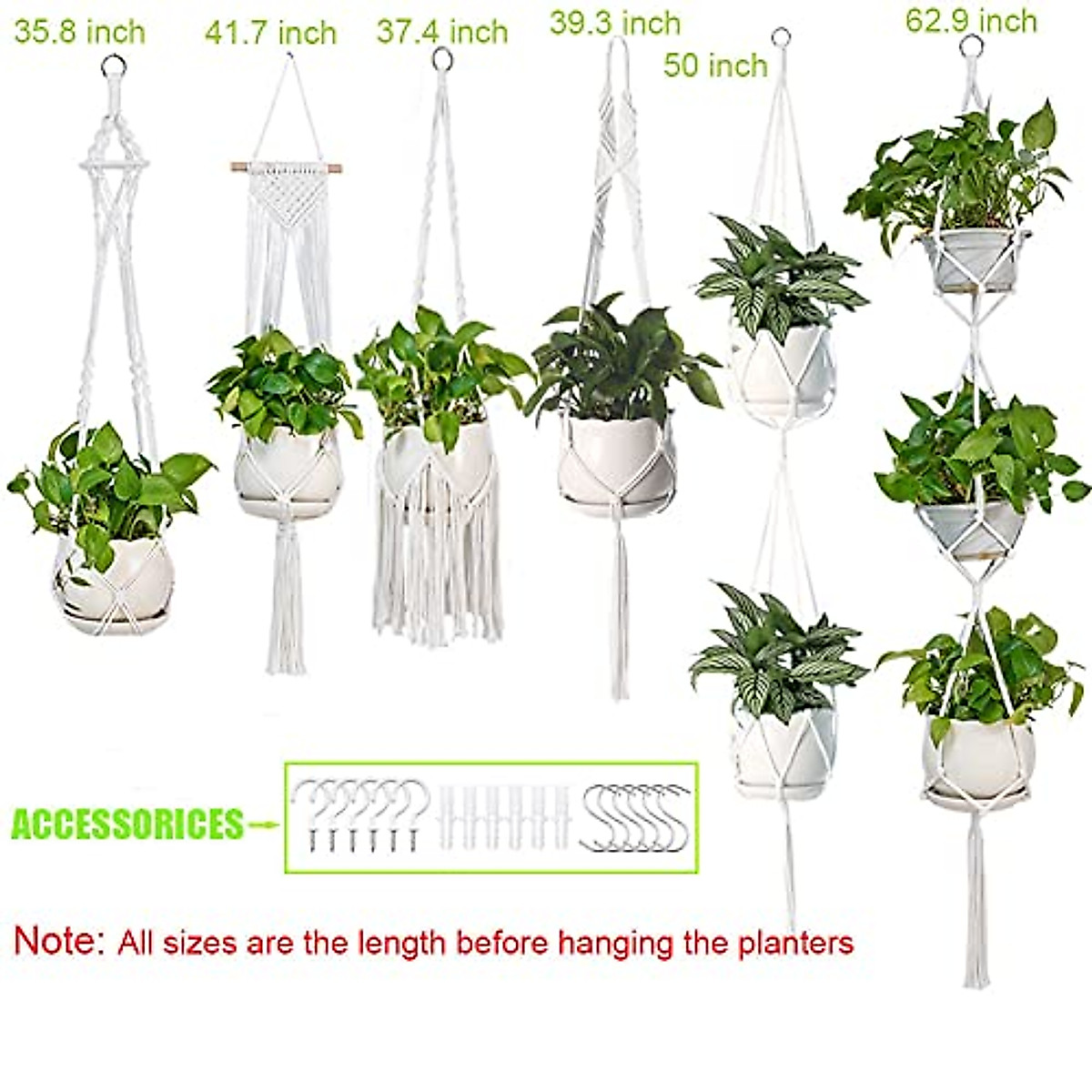 SNUGBERI 6 Pack Macrame Plant Hangers Indoor Outdoor Hanging Planter Basket Handmade Cotton Rope Flower Pot Holder Haning Plant Holder for Indoor Outdoor Boho & Home Decor (White)
