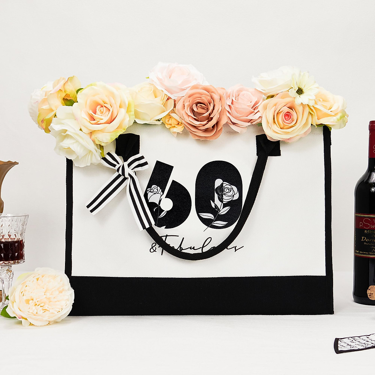 Crisky 60th Birthday Gifts for Women Canvas Tote Beach Bag 60 & Fabulous with Ribbon for Wife/Sister/Mom/Aunt/Friends,17" x 12" x 7"