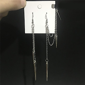 DAMLENG Lightweight Unique Black Punk Long Tassel Chain Ear Cuff Earrings 316L Stainless Steel Vintage Barrel Nails Crawler Climer Dangle Drop Earrings for Men Women Unisex (Silver)
