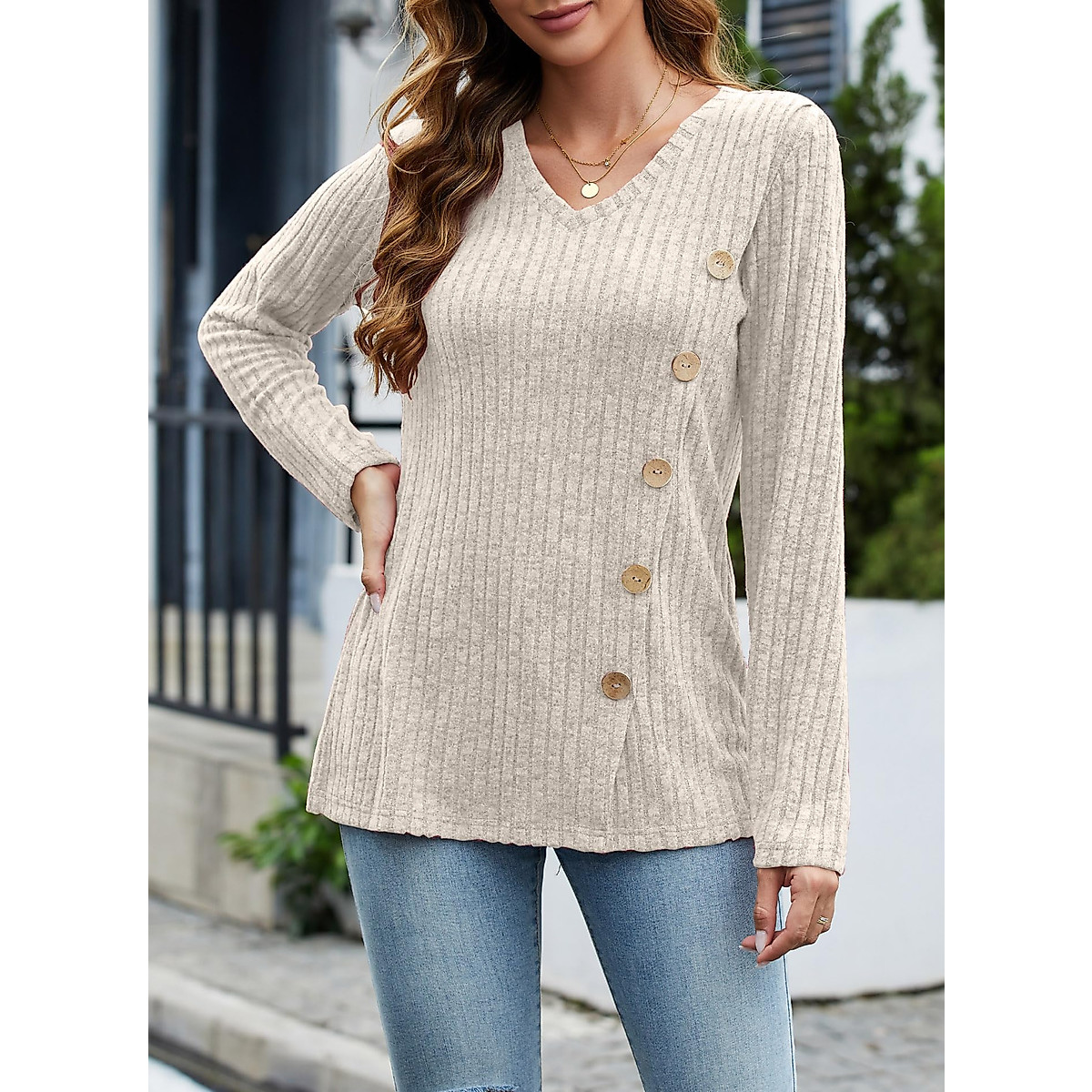 Dimur Fall Sweaters for Women 2023 V Neck Long Sleeve Shirts Going Out Tops 2023 Apricot Small