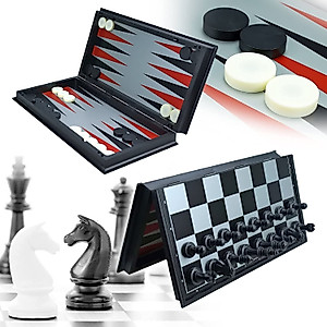 4-in-1 Chess, Checkers, Backgammon Set with Bonus Strategy Card Game - Magnetic Board with Felt Pieces and Folding Case (14.2 Inches)