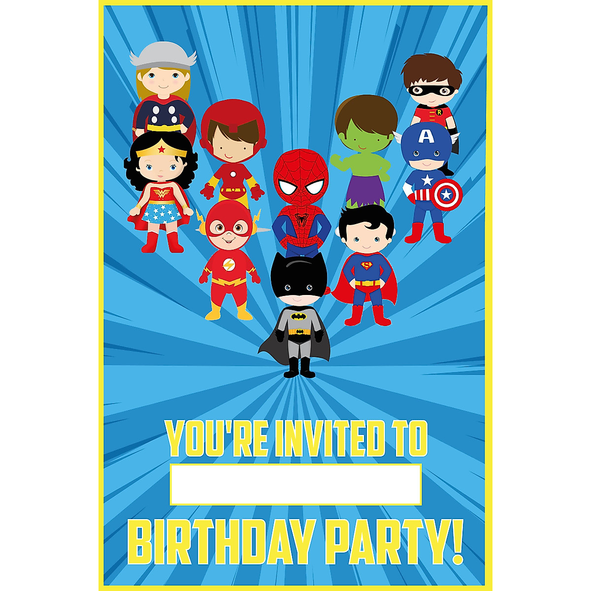 20x Super Hero Kids Birthday Invitations and Envelopes – Fill-in Happy Birthday Party Invitations for Kids, 6X4 Inches, Postcard Style