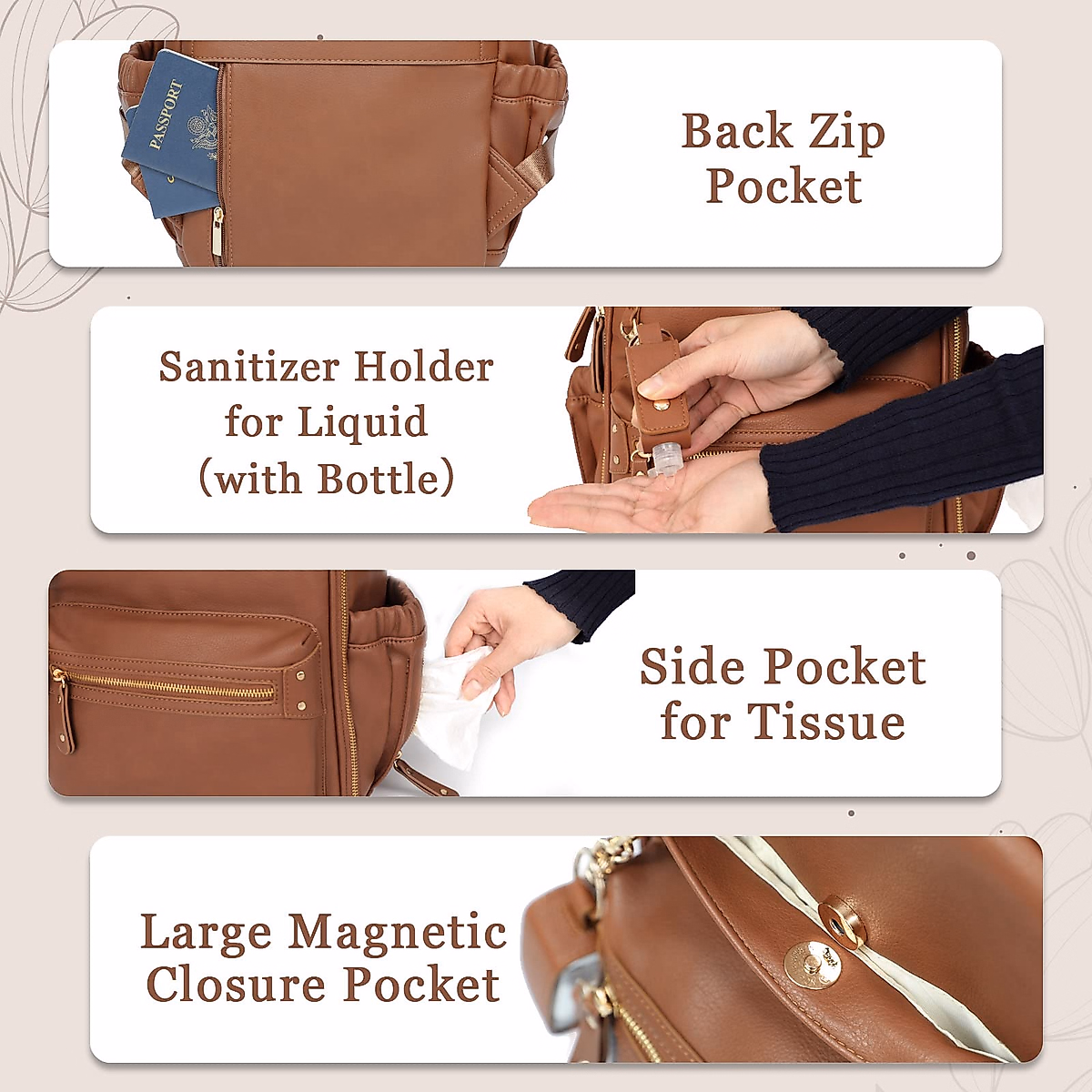 miss fong Small Diaper Bag Mini Diaper Bag Backpack, Leather Diaper Bag, Baby Diaper Bag, 11 Pockets Diaper Bag Organizer with Hand Sanitizer Holder, 2 Insulated Pockets