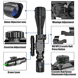 UUQ C4-12X50 Rifle Scope Dual Illuminated Reticle W/Laser Sight and Holographic Dot Reflex Sight (Green Laser W/Upgraded Dot Sight)
