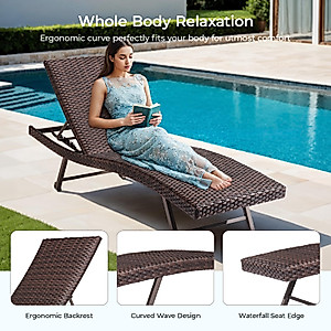 Outdoor Chaise Lounge Chair Set of 2, PE Wicker Lounge Chairs for Outside with Quick Drying Sponge Cushion, Rattan Reclining Chair with Adjustable Backrest Movable Beach Pool Sunbathing Recliner Chair