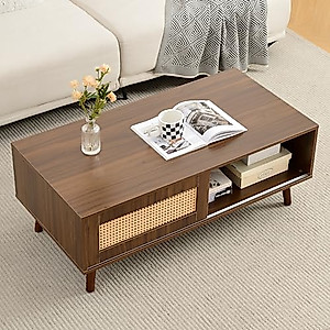 Ganooly Mid Century Modern Coffee Table with Storage, 43.3 Inch Rectangle Wooden Accent Center Table with Sliding PE Rattan Woven Door Panel and Solid Wood Legs, Suitable for Living Room, Apartment