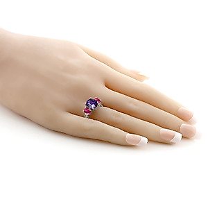 Gem Stone King 2.60 Ct Oval Checkerboard Amethyst Red Created Ruby 925 Sterling Silver 3-Stone Ring (Size 5)